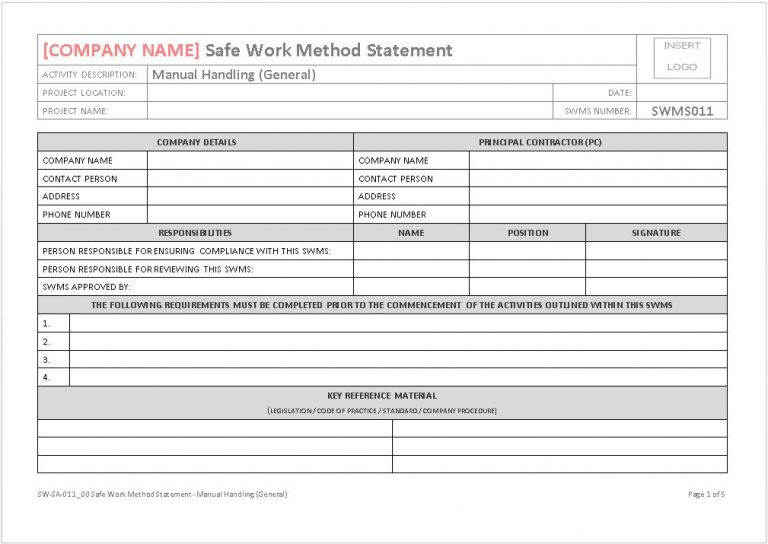 Safe Work Method Statement - Manual Handling (General) - Workplace ...