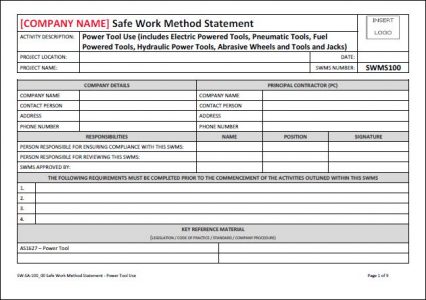 Safe Work Method Statement - Power Tool Use - Workplace Health and ...