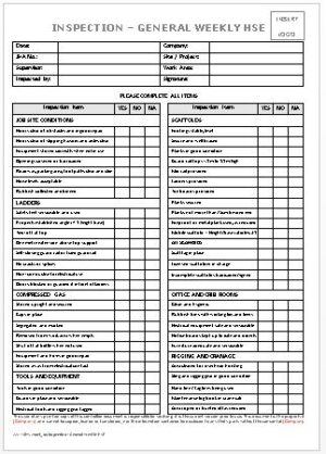 Inspection - General Weekly (HSE) - Workplace Health and Safety ...