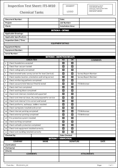 Inspection Test Sheet - ITS-M10 - Chemical Tanks - Workplace Health and ...